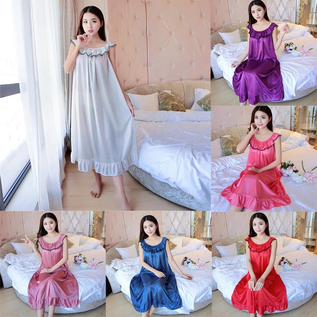 Fashion Faux Silk Ruffle Night Dress Nightgown Women Loose Mid-Calf ...