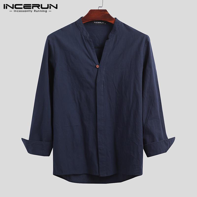 Buy INCERUN Plus Size Men's Autumn V-neck Cardigan Tops Vintage Cotton ...
