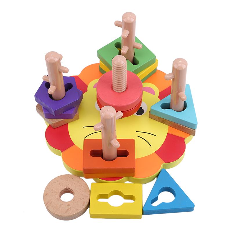 Wooden Cartoon Lion Geometric Set of Columns Building Blocks ...