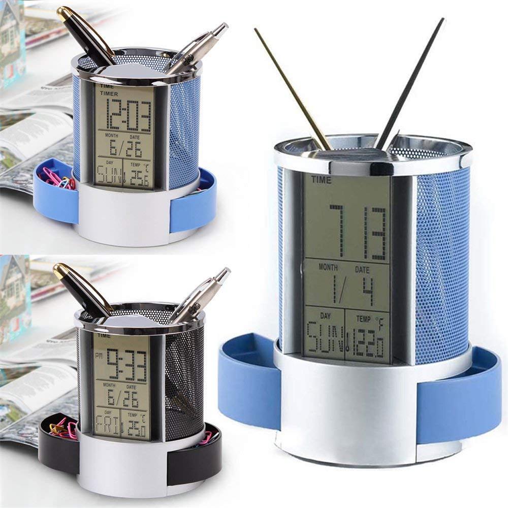 Buy Digital LED Desk Alarm Clocks Mesh Pen Pencil Holder Calendar Timer ...