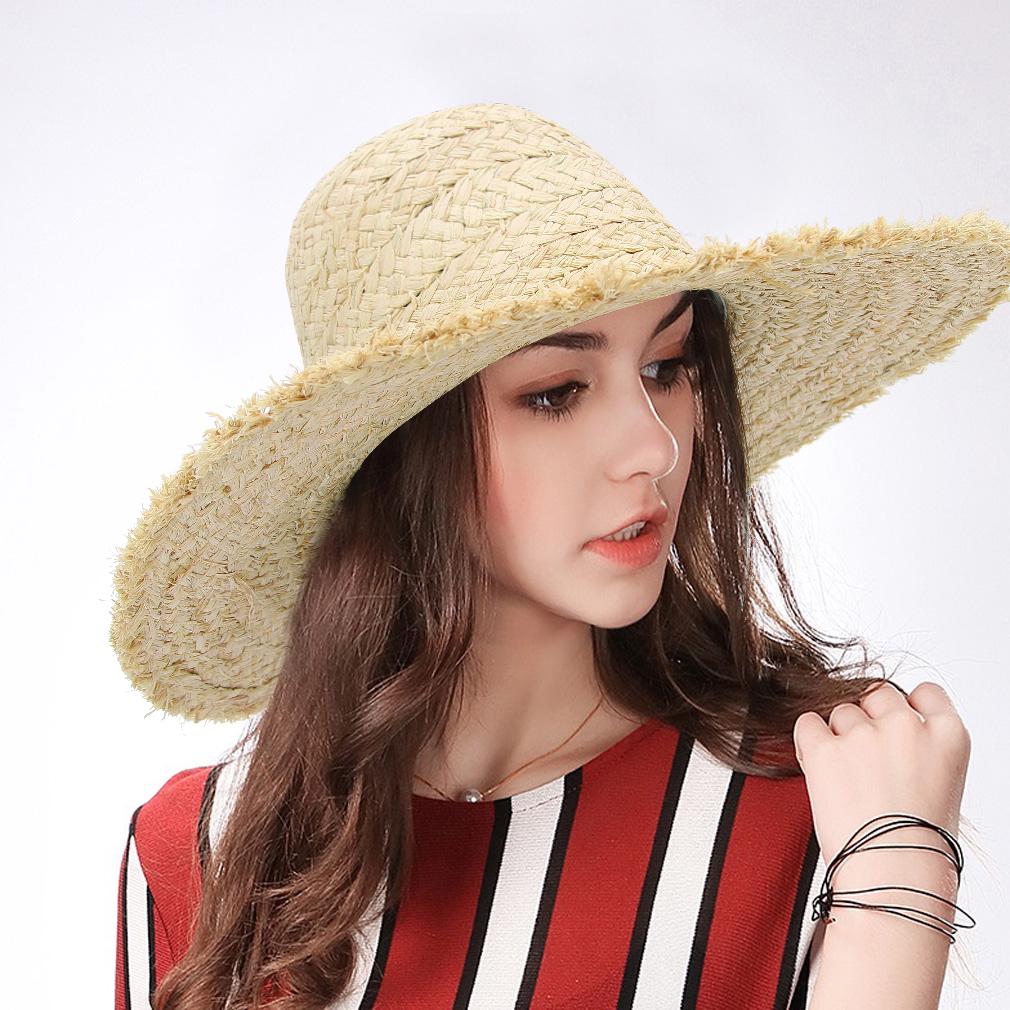 Round Top Raffia Wide Brim Straw Hats Summer Hat for Women Outdoor ...