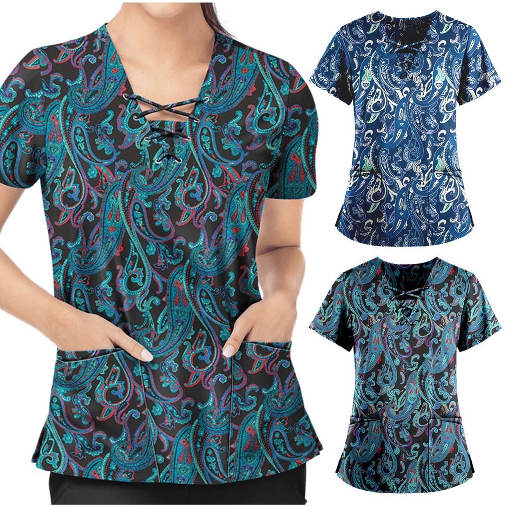 Buy Women Short Sleeve Vneck Flower Print Tops Nursing Working Uniform ...