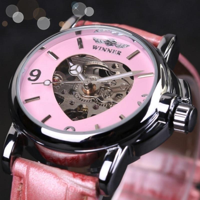 Buy T-winner Leather Bands Women Skeleton Automatic Mechanical Watch ...