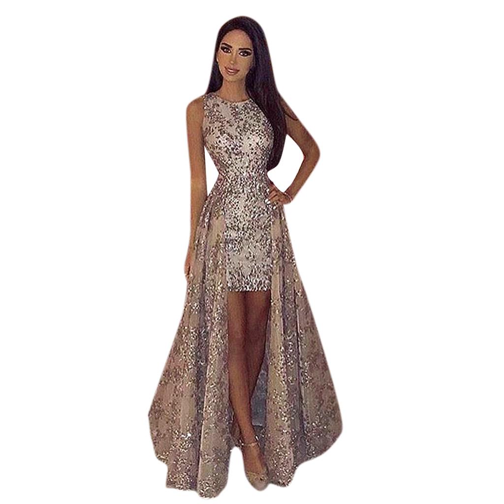 Womens Sexy Solid Color Sleeveless Irregularity Sling Sequin Long Full