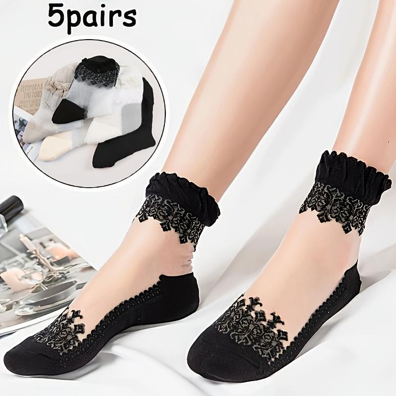 5 Pairs Spring Summer Ladies Ultrathin Lace Embroidery Silk Transparent ...