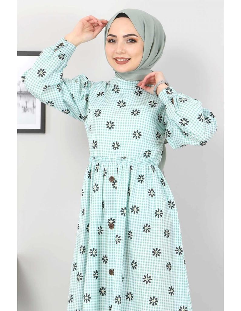 Cheap Women Gingham Patterned Floral Maxi Dress Turkish Muslim Robe ...