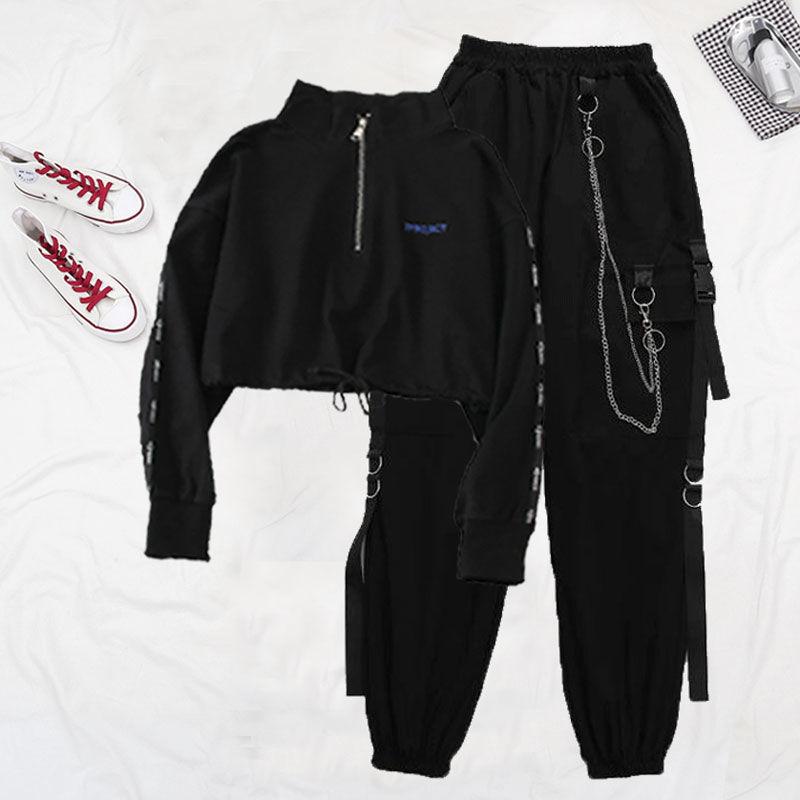 Buy Ladies Gothic Black Cargo Pants Short Sleeve Suit Punk Chain Pants ...