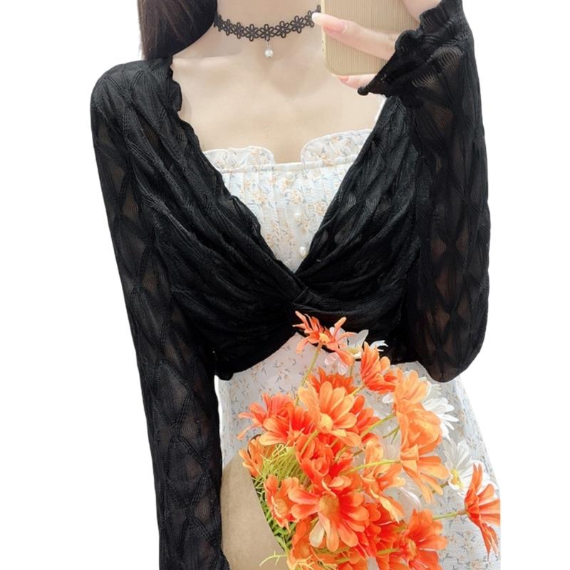 Cheap Women Lightweight Sheer Mesh Lace Shrug Tops Long Sleeve Open ...