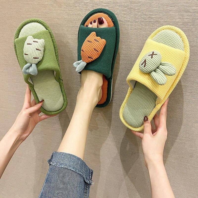 Buy Women Flax Slippers Summer Casual Slides Comfortable Striped Floral ...
