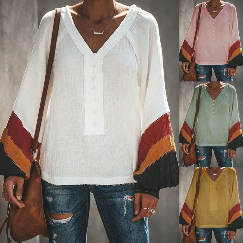 Buy Fashion Women Splice Color Tunic Tops Buttons V-neck Long Sleeves ...