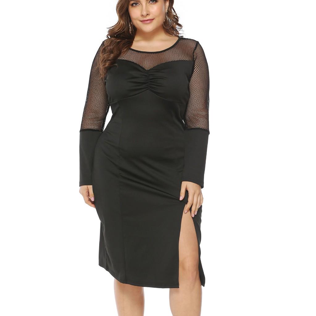 Buy Party Women's O Neck Long Sleeve Mesh Hollow Ruched Split Plus Size ...