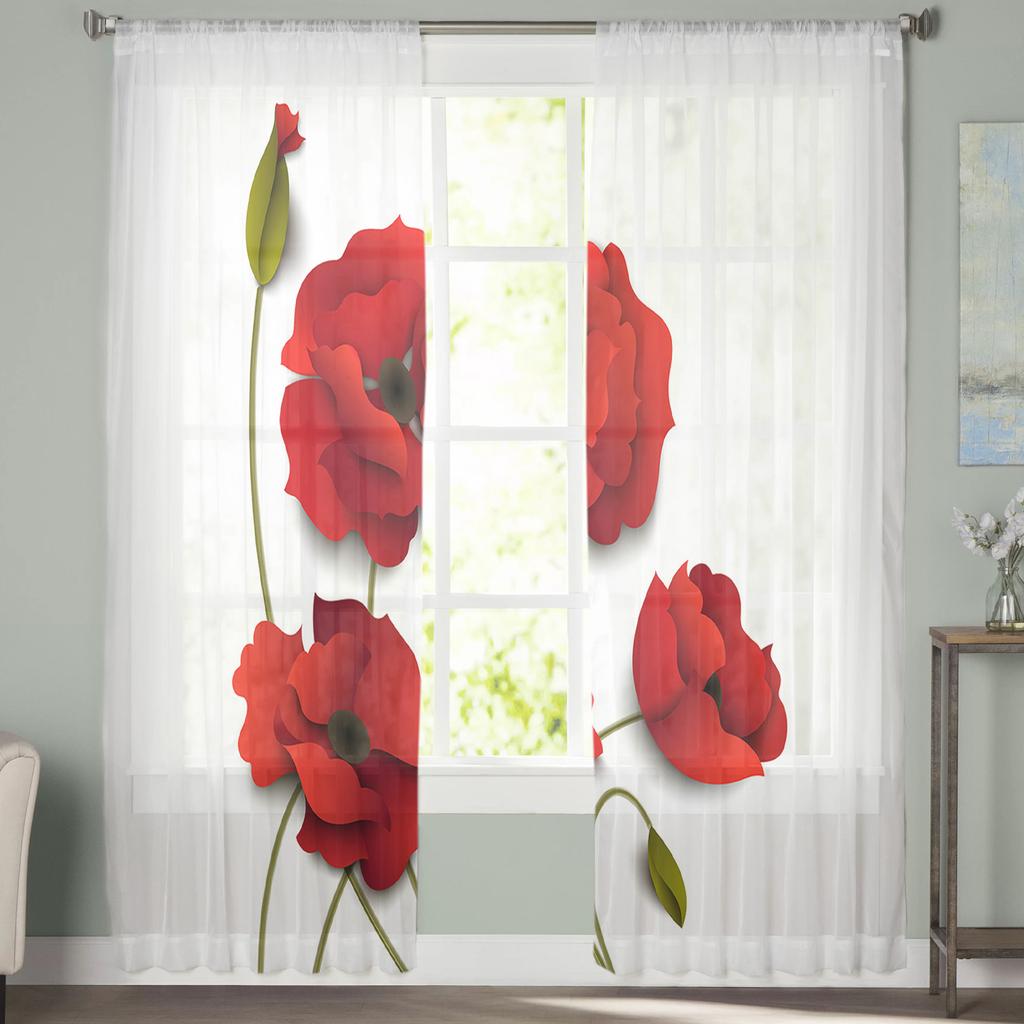 Cheap Red Flower Poppy Flower Tulle Curtains for Living Room Decoration ...
