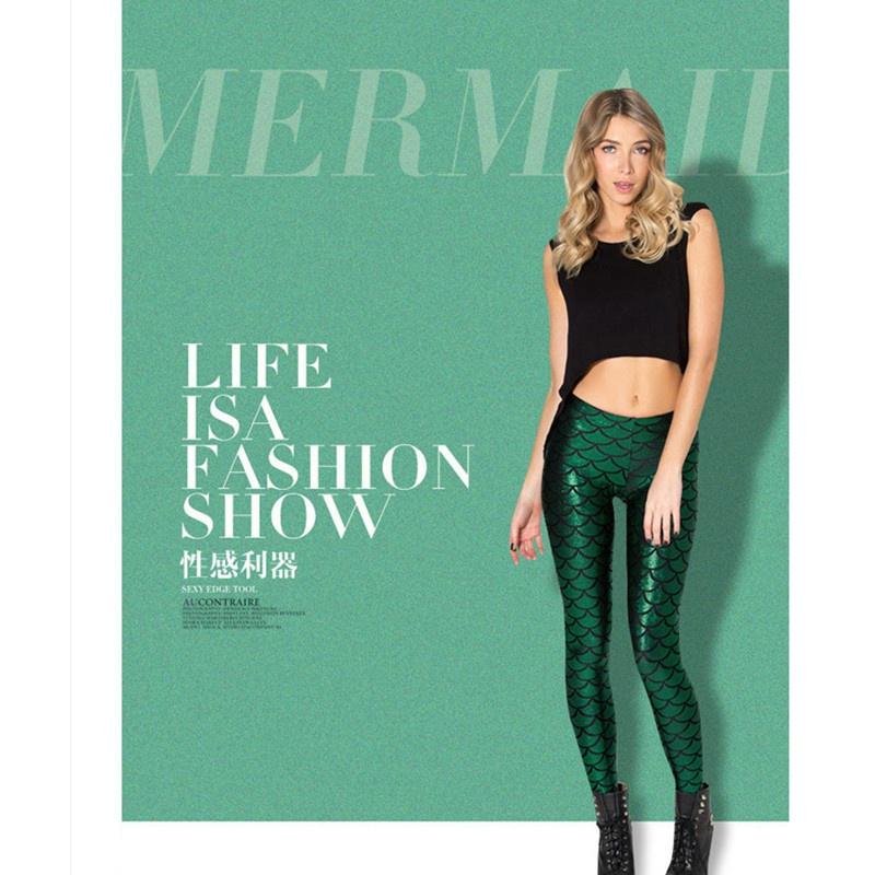 Women Shine Fish Scale Mermaid Printed Leggings Slim High Waist Pencil ...