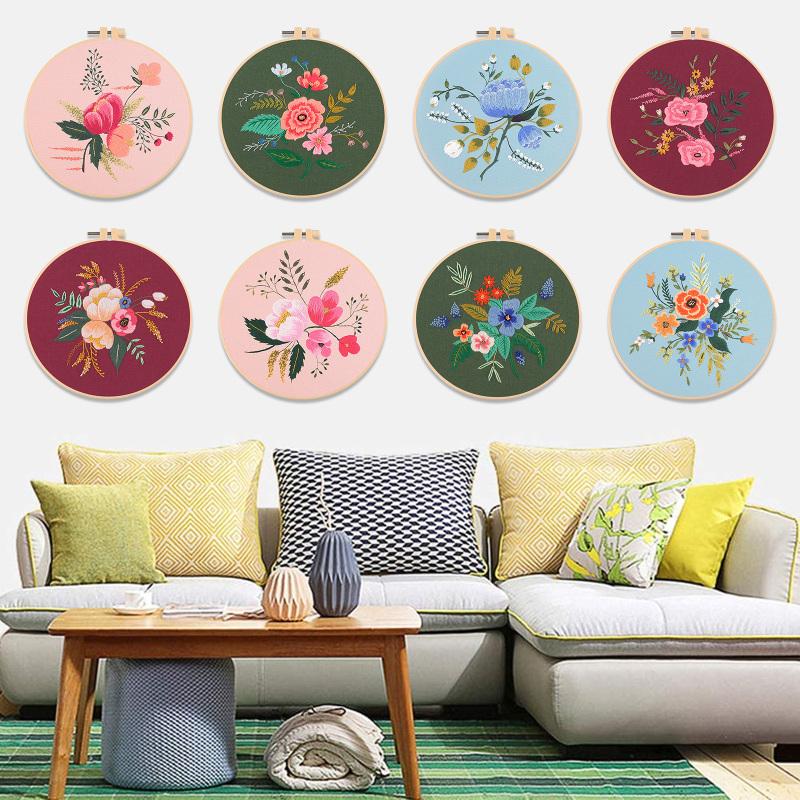 Buy 6 Pcs/set Fabric Floral Embroidery Diy Kit With Embroidery Stretch ...