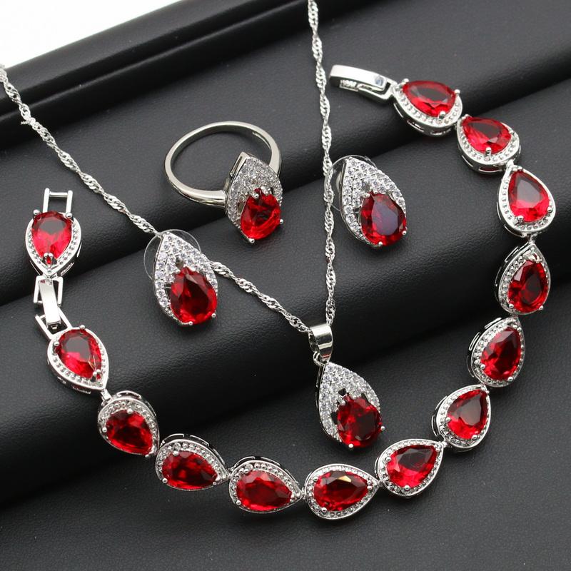 Stunning 925 Silver Jewelry Set For Women Red Zirconia Earrings ...