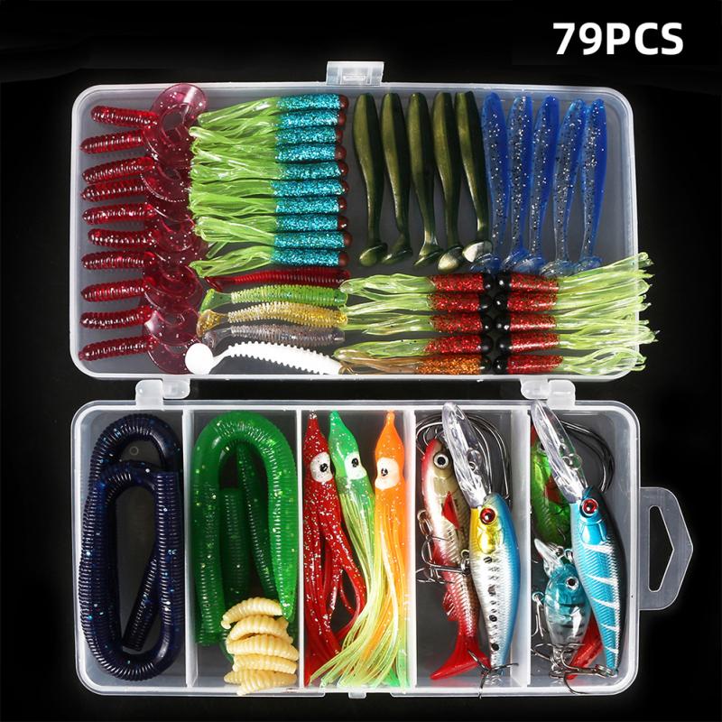Buy 79pcs Fishing Lure 5 Grid Bait Box Set Lead Fish T-tail Crank Hook ...
