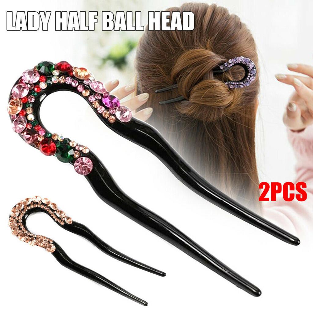Buy U-Shape Crystal Rhinestone Double Prong Hair Pin Stick Hairpin Is ...