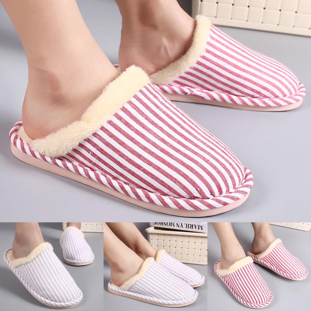 Buy LEADER Couples Striped Flock Warm Non-slip Floor Home Slippers ...
