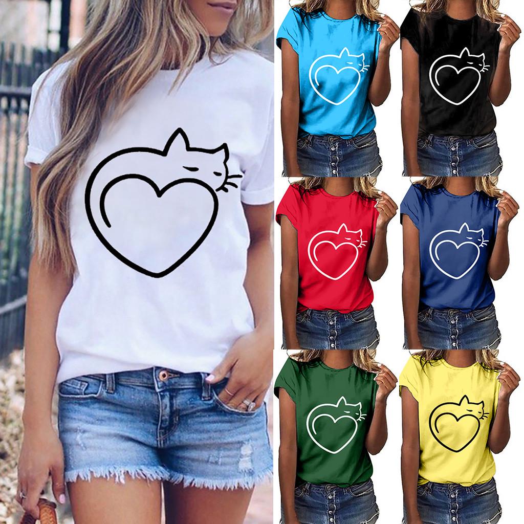 Women Girls Plus Size Cat Print Short Sleeved T-shirt Blouse Tops uygun ...