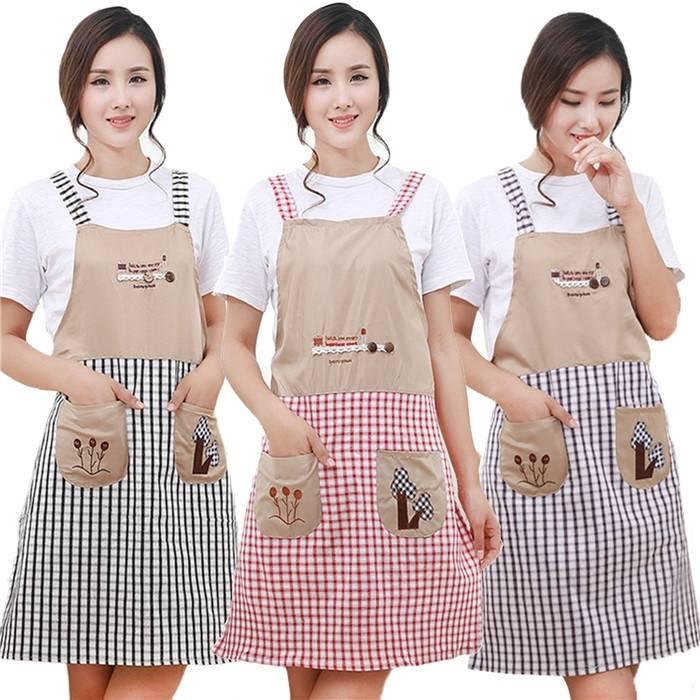 Buy Korea Apron Women Floral Plaid Print Pocket Embroidered Pinafore ...