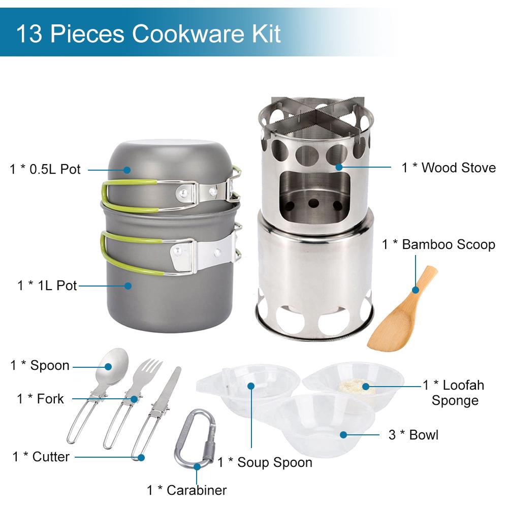 Buy 13Pcs Camping Cookware Mess Kit Outdoor Portable Folding Wood Stove ...