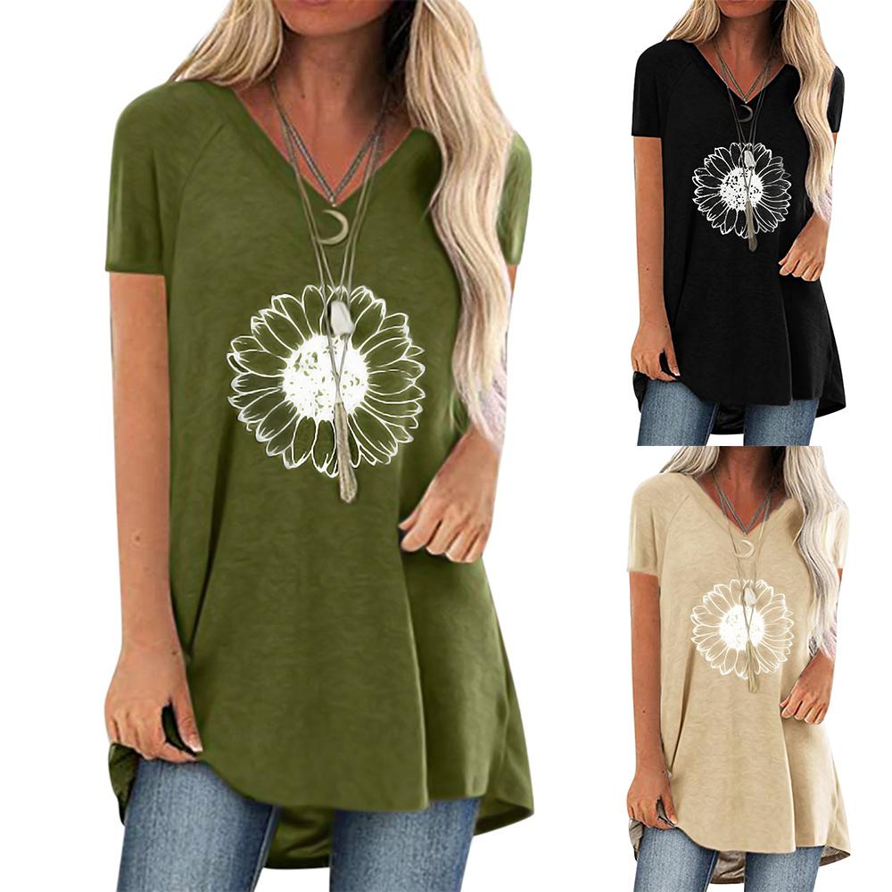 Buy Women Print V-Neck Short sleeve Pullover Tops Solid color Casual ...