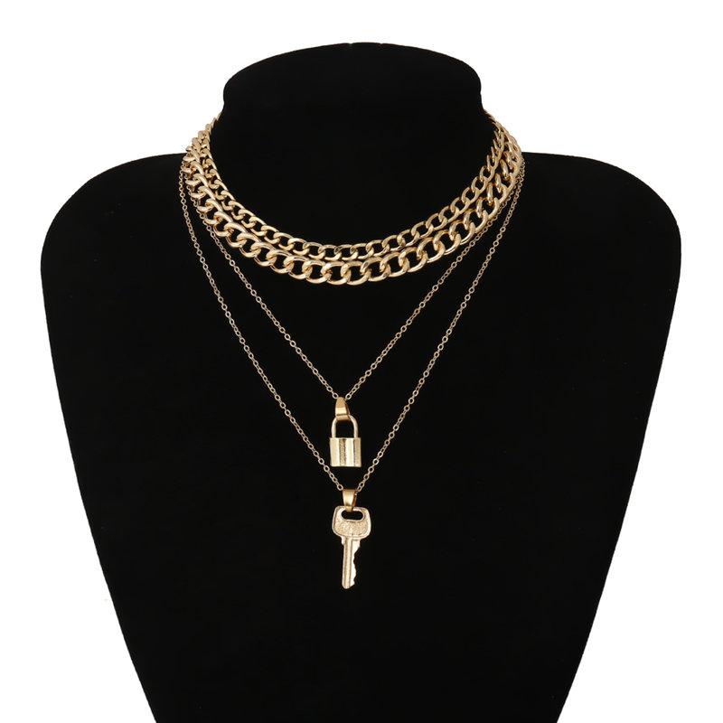 Multilayer Chain Lock Key Pendant Necklace for Women Girl Clavicle ...