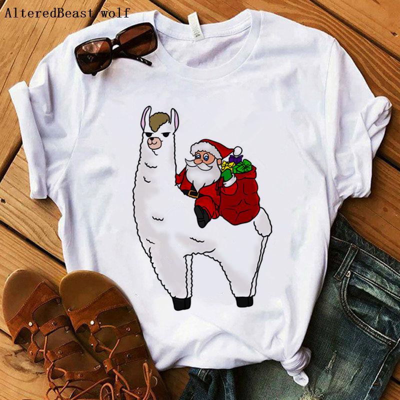 Buy Christmas Santa Llama Print Funny Tops Women Clothes Harajuku Cute ...