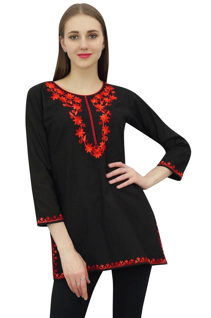 Buy Bimba Women's Ladies Black Tunic Full Sleeve Floral Embroidery ...