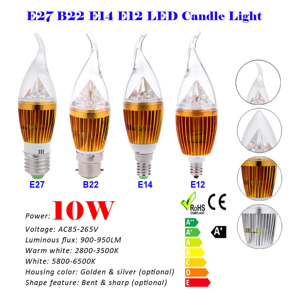 B22 10w Led Candle Light Bulb Chandelier Lamp Spotlight High Power Ac85 ...