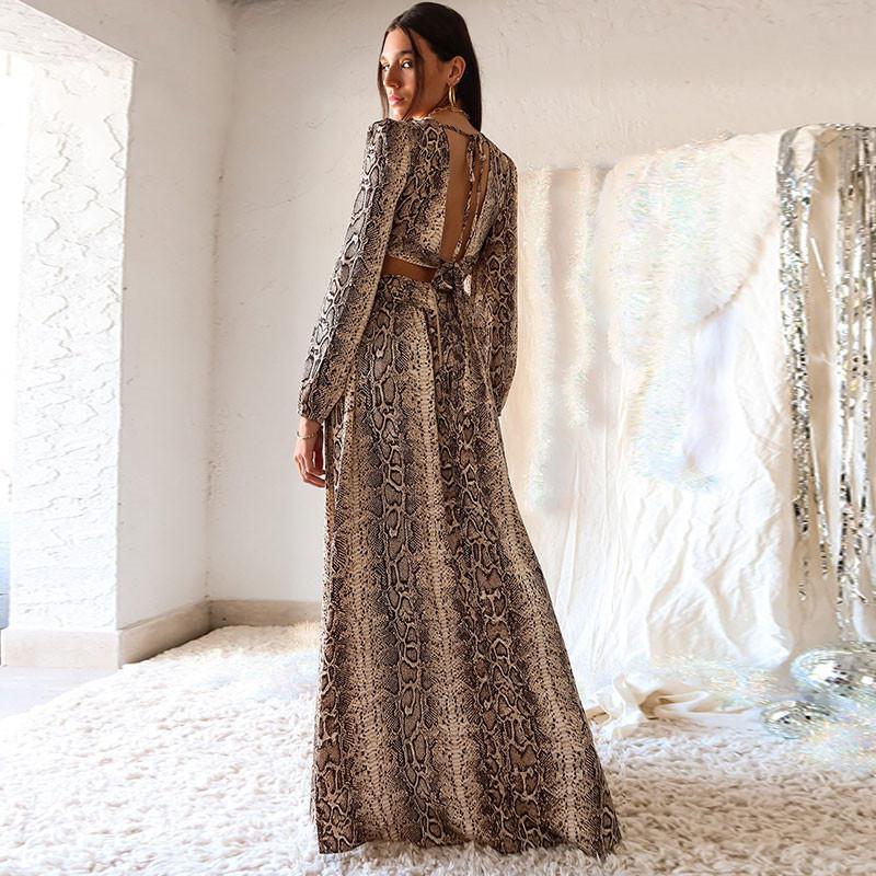 Buy Sexy Snake Print Open Back Cutout Lace-Up Long Dress Retro Lantern ...