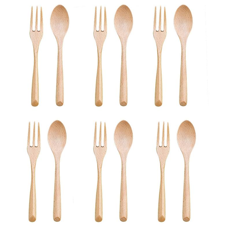 Buy 12Pc Natural Wooden Spoon and Fork Set Kitchen Cutlery Food Salad ...