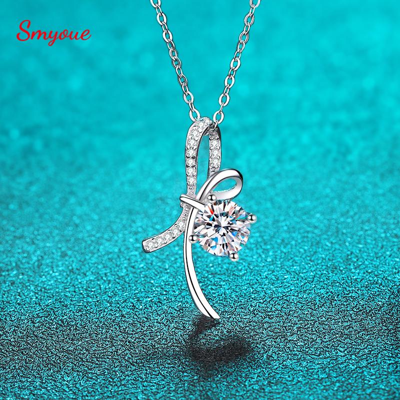 Plated White Gold 1ct Moissanite Pendant for Women D Bow-knot Sparkling 100% S925 Sterling ...