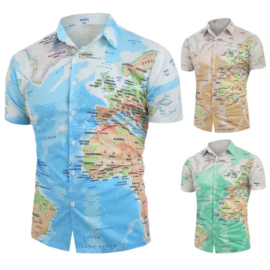 Buy Men Casual World Map Print With Button Shirt Top Blouse at ...