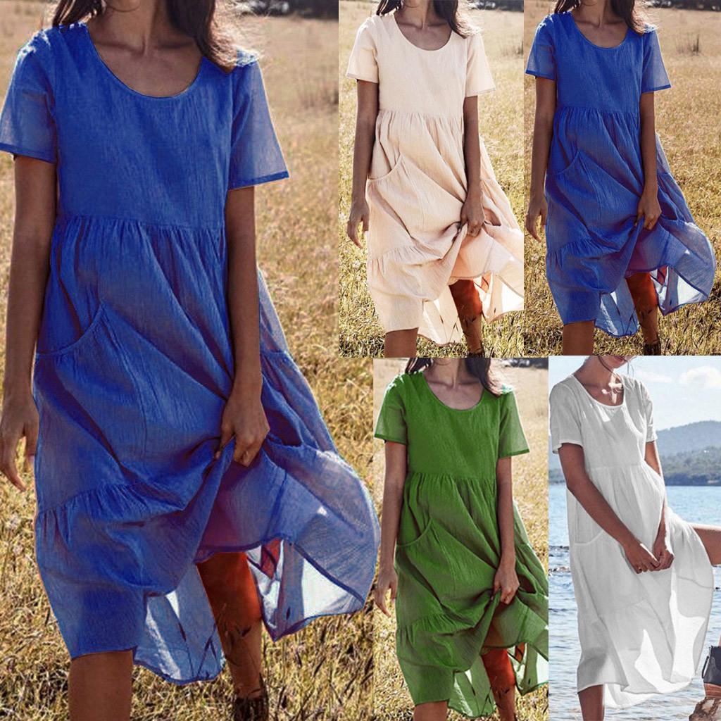 Buy Women Pure Color Pockets Short Sleeve Cotton And Linen Easy Sandy ...