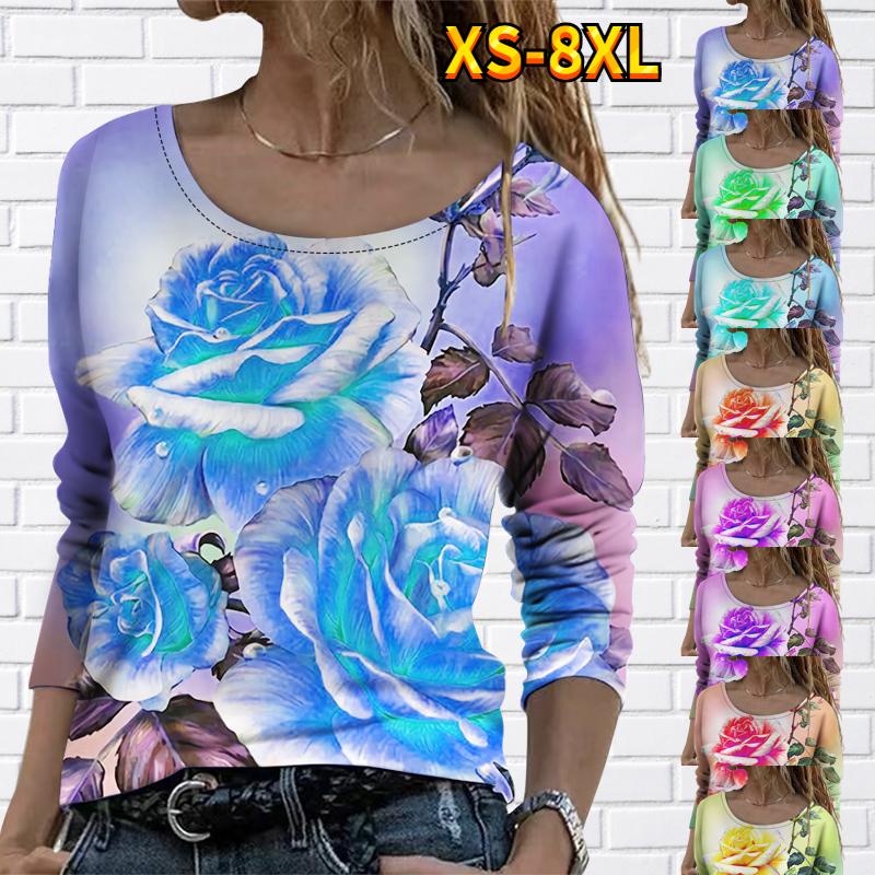 Buy Spring Women's Fashion Loose Casual Red Rose Print Long Sleeve Big ...