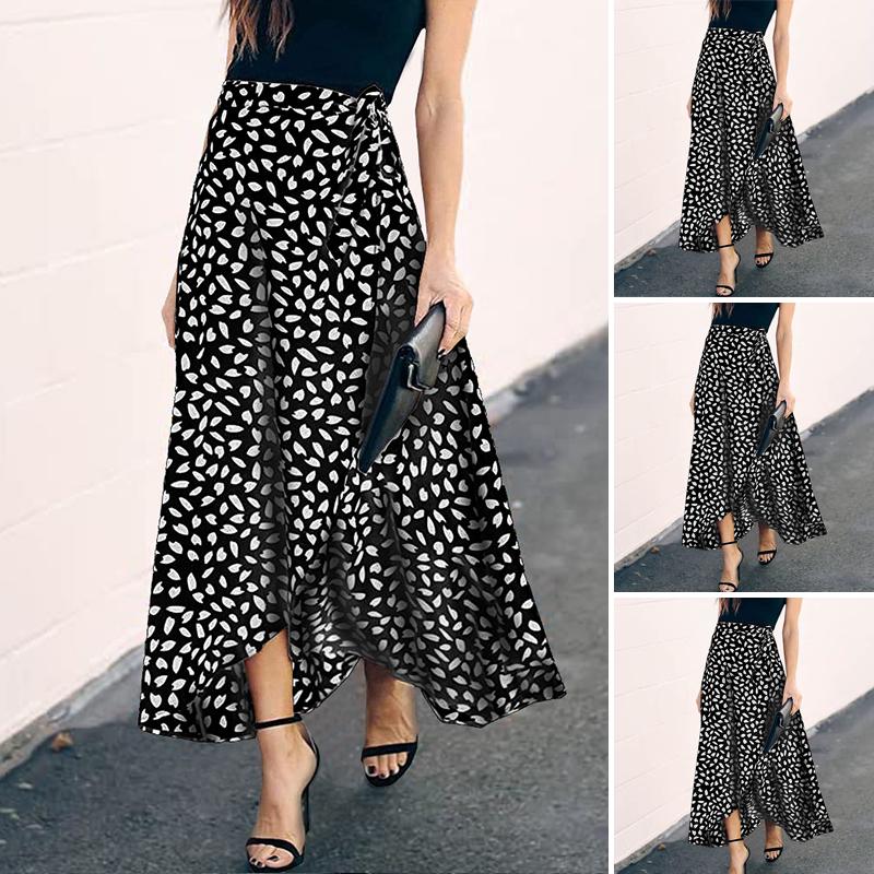 Buy VONDA White Print Pleated Midi Skirt Women Elastic High Waist Side ...