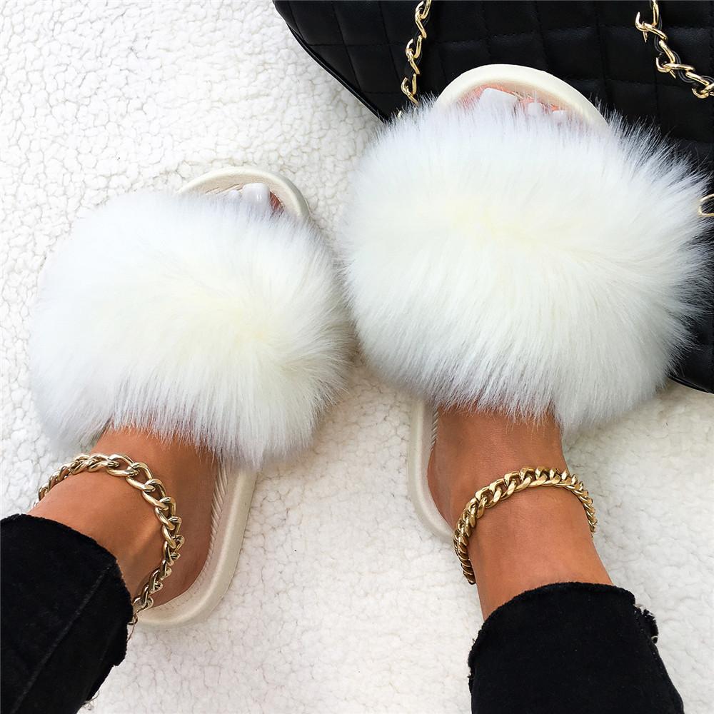Buy Furry Fur Slippers Fluffy Slides Faux Fox Sandals Plush Raccoon Fur ...