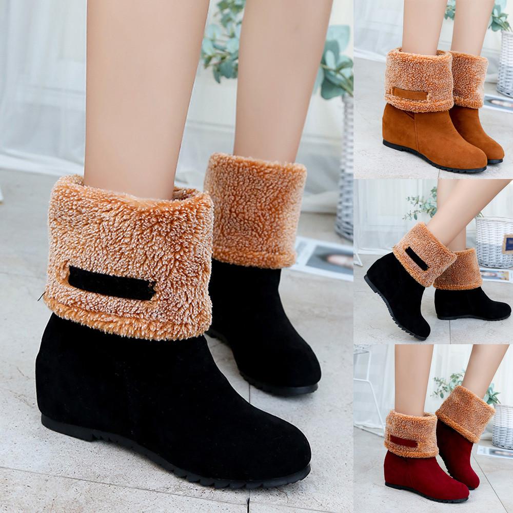 Buy Women Suede Flat Round Toe Wedges Shoes Keep Warm Slip-On Plush ...