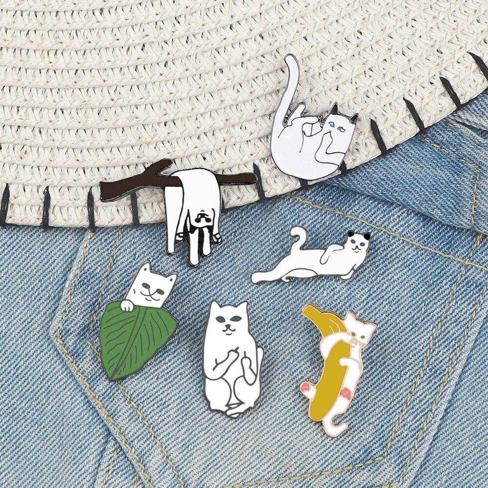 Buy Funny White Cats Enamel Pin Branch Leaf Banana Cat Animals Brooch ...