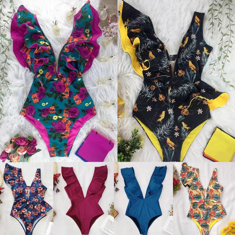 Buy V-neck Backless Ruffle Print One-piece Swimsuit at affordable ...