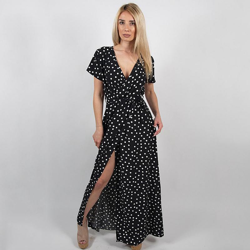 Buy Women's Summer Short-sleeved Dress V-neck Low-cut Print Wave Dress ...