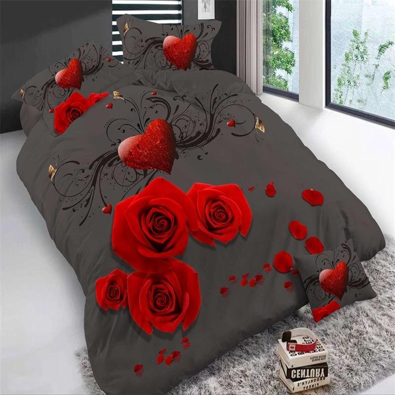 New Design 3d Bedding Set Red Rose Printed Bedding Bedspread Bedclothes