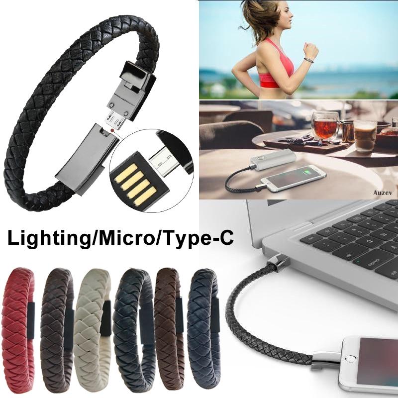 Buy Leather Bracelet Link Charging Cable Braided Wrist Strap USB ...