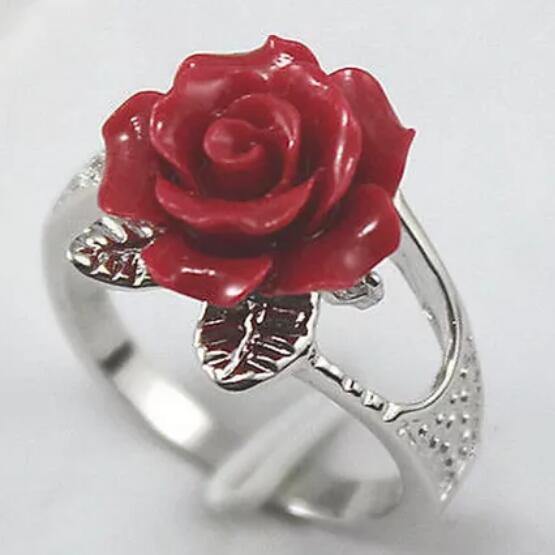 Buy Trendy Natural Red Coral Rose Flower Ring Jewelry Size:6/7/8/9 at affordable prices — free ...