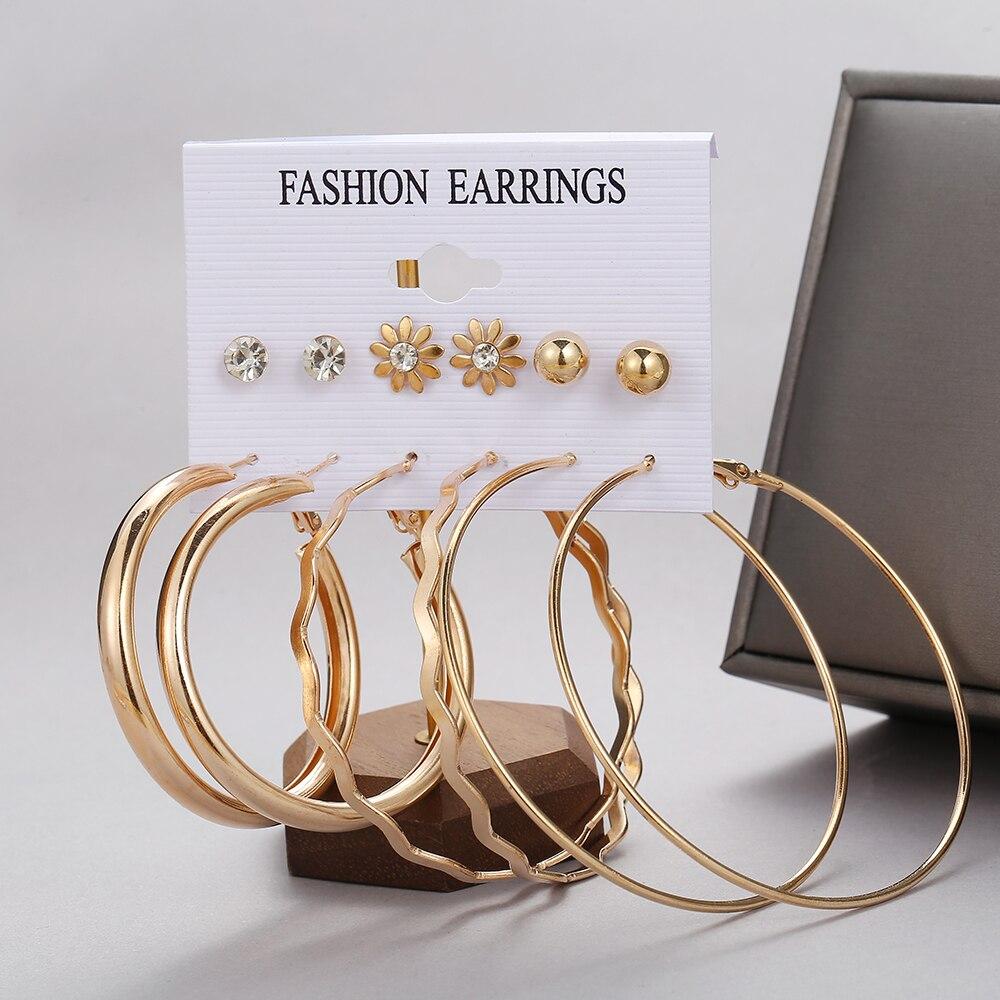 6pairs Big Circle Gold Simple Temperament Hoop Multi-shape Combination ...