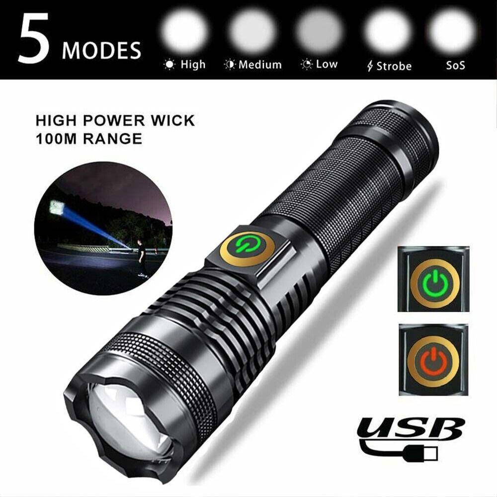 Rechargeable USB Super Bright Powerful LED Flashlight Zoom Torch ...