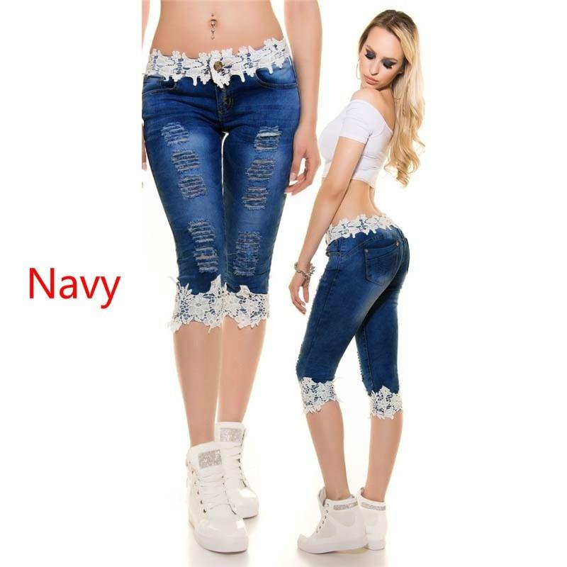 Buy Summer Fashion New Women's Lace Side Jeans Cropped Trousers Lace ...