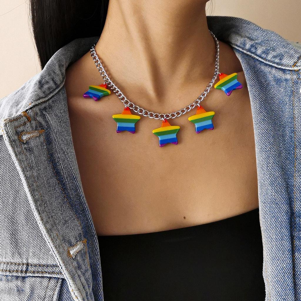Buy Single-layer Cross Chain Tassel Colored Stars Rainbow LGBT Alloy ...