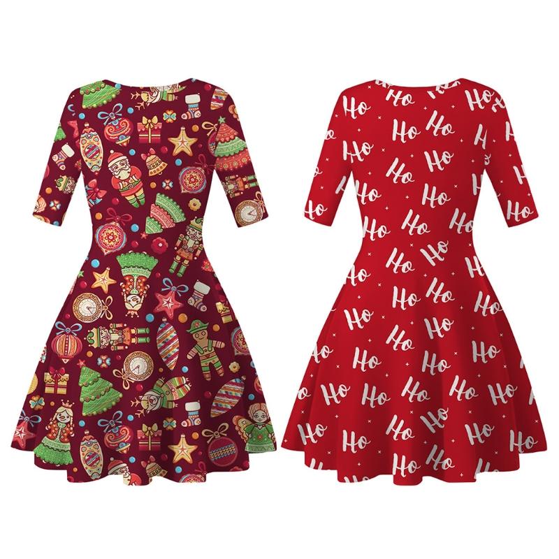 Buy Women Christmas Half Sleeves O-Neck Swing Midi A-Line Dress ...